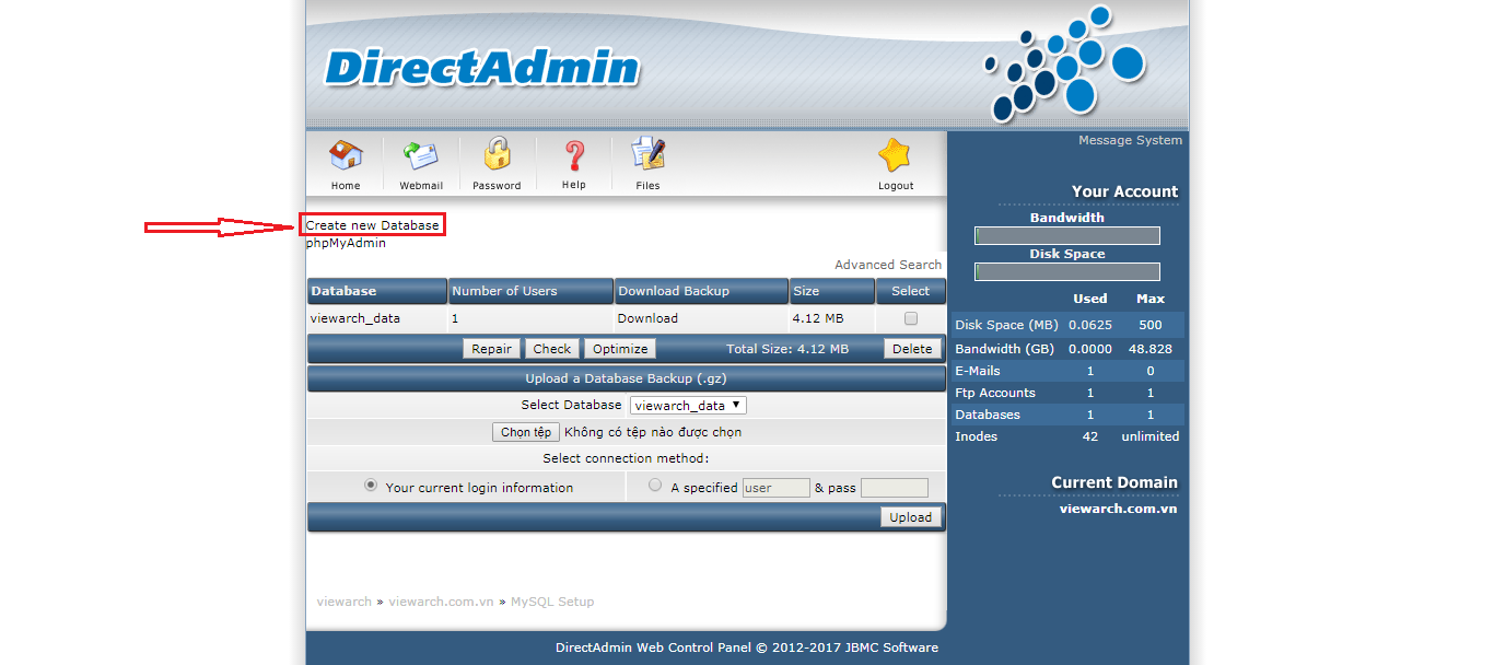 Hướng dẫn Tạo mới và Import Database bằng phpMyAdmin trên DirectAdmin ...